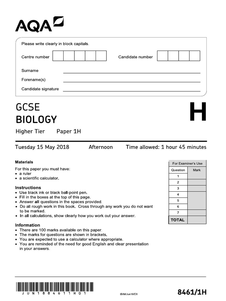 2018 AQA GCSE (Higher) Biology Paper 1 QP | PDF