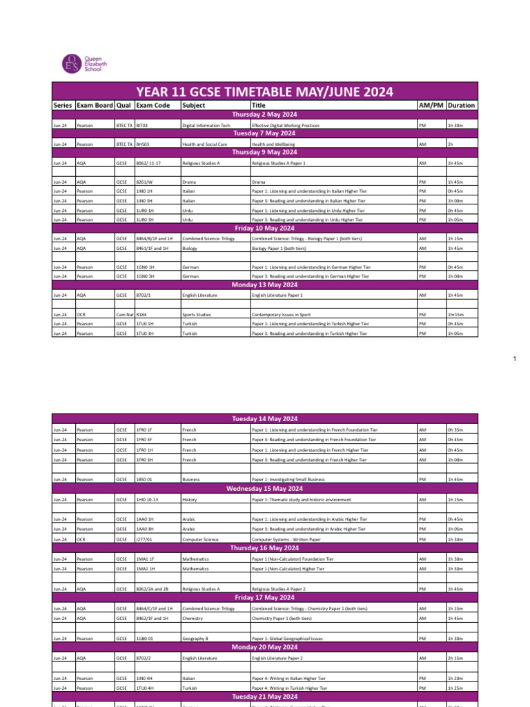 FINAL - Yr 11 GCSE Timetable May-June 2024 | PDF | Student Assessment ...