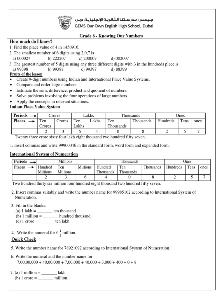GR 6 - Knowing Our Numbers - Notes | PDF