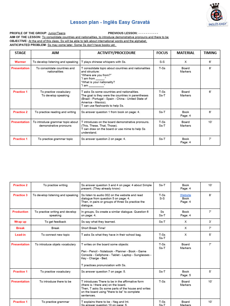 Link It! 2 - Unit 00 - Welcome - Lesson 01 - Inglês Easy | PDF ...