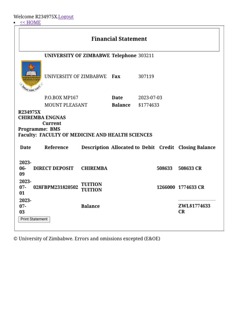 University of Zimbabwe Student Registration - StudentDetailsEng | PDF