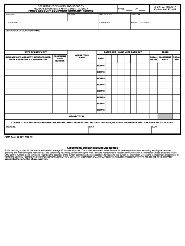 Form 90-127 Force Account Equipment Summary Record | PDF | Federal ...