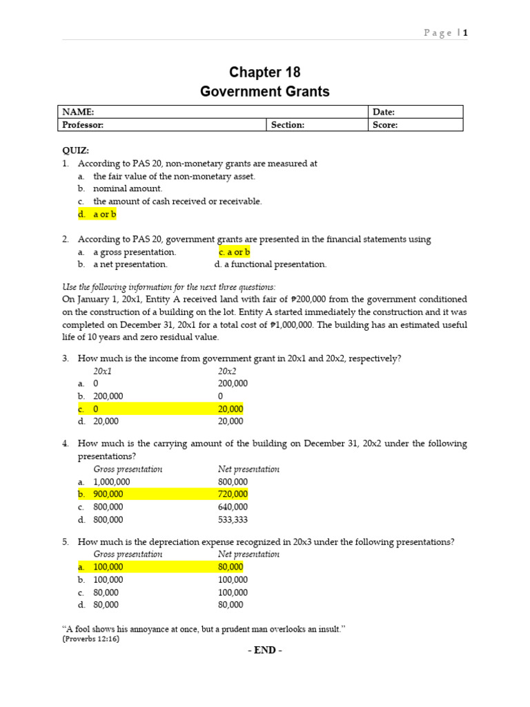 Quiz Chapter-18 Govt-Grants | PDF | Depreciation | Income