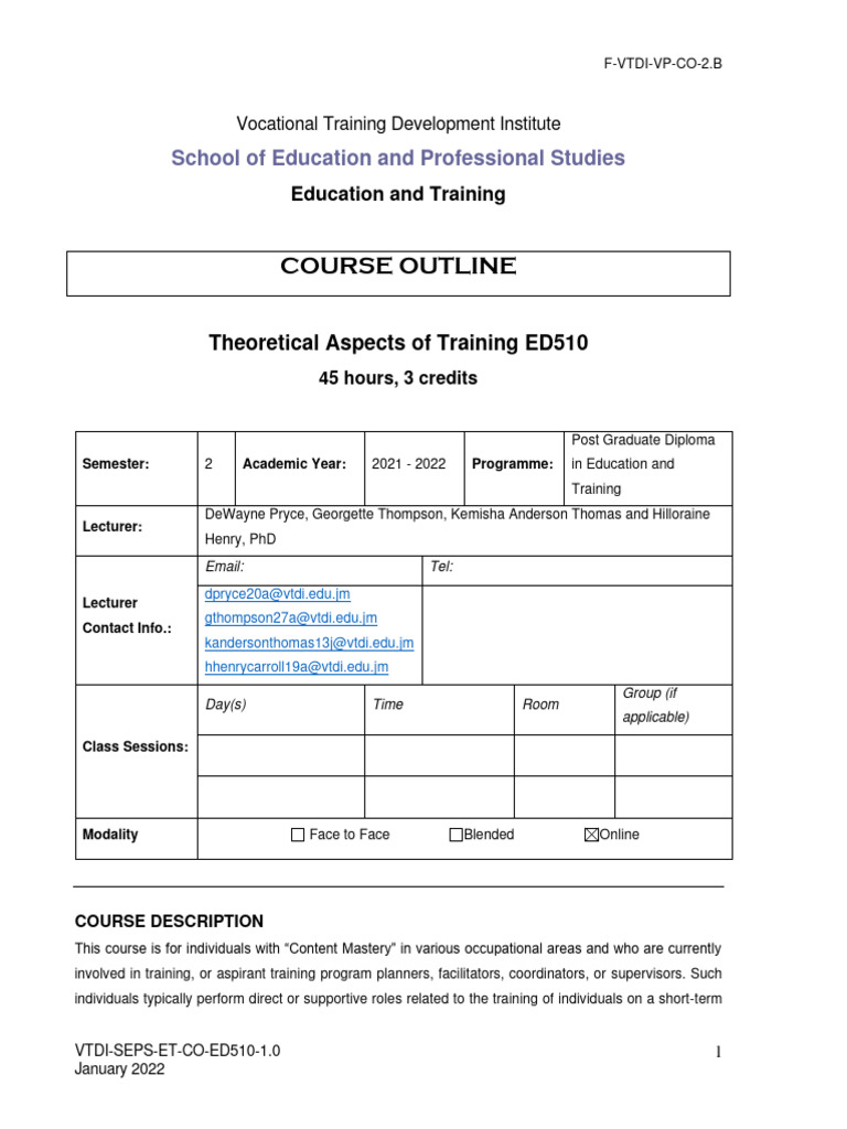 Theoretical Aspects of Training 2022 Syllabus | PDF | Evaluation | Learning