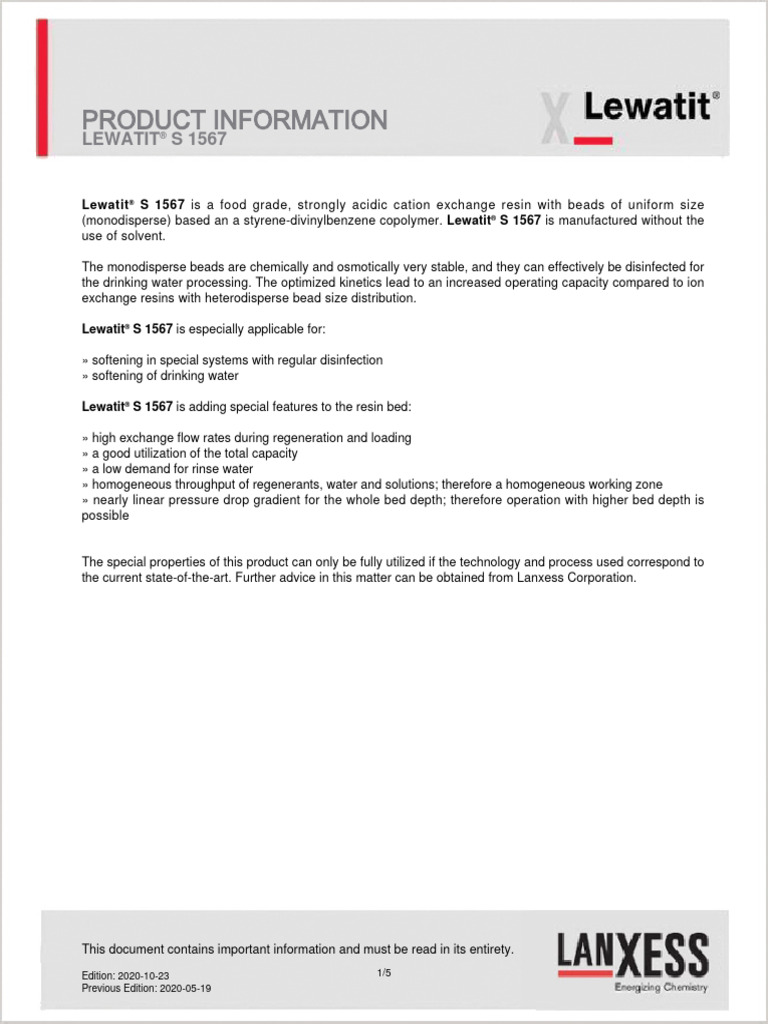 Product Information: Lewatit S 1567 | PDF | Safety | Chemistry