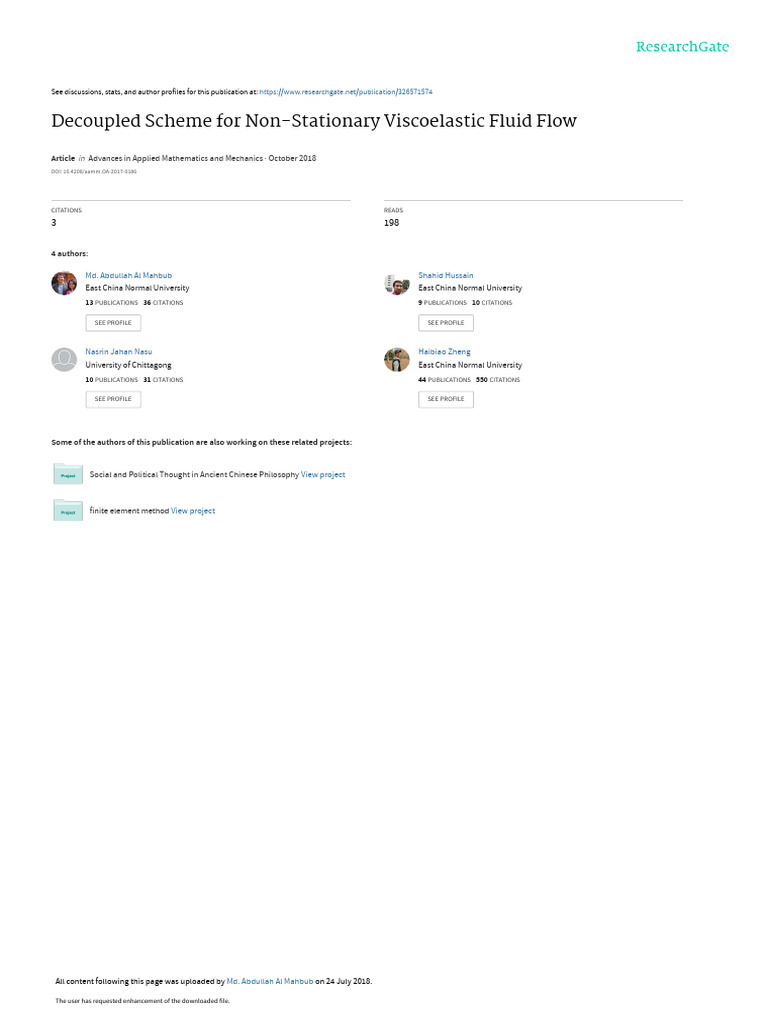 Decoupled Scheme For Non-Stationary Viscoelastic Fluid Flow: Advances in Applied Mathematics and ...