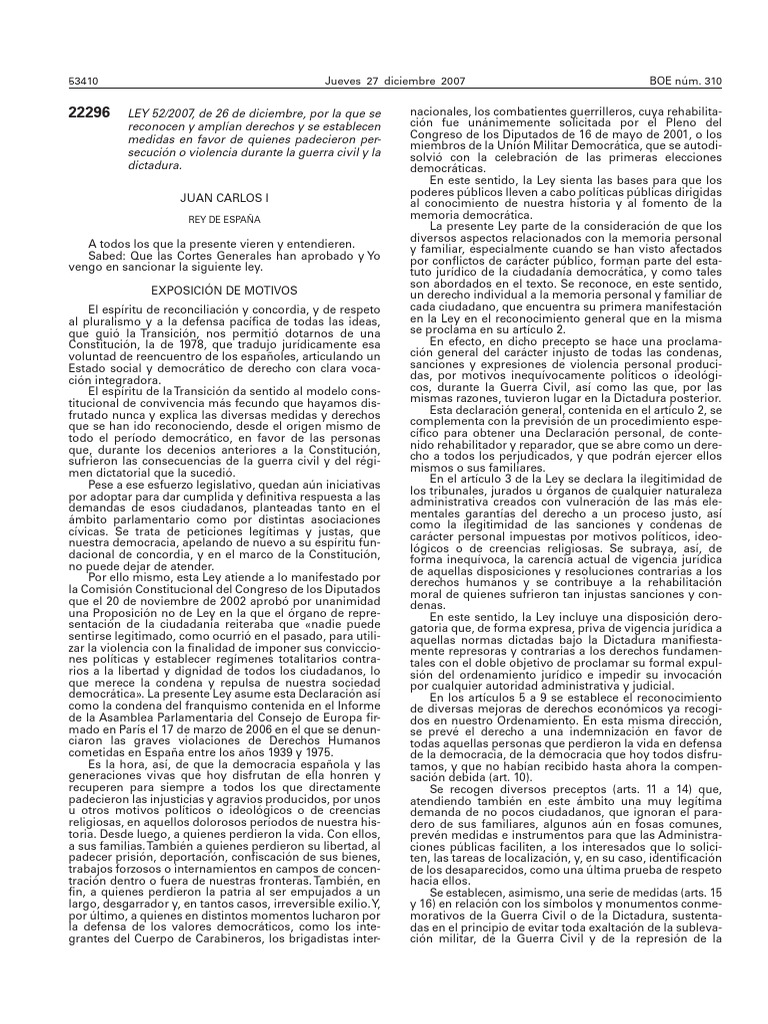 Ley de La Memoria Histórica Ley 52-2007 de 26 de Diciembre | PDF ...