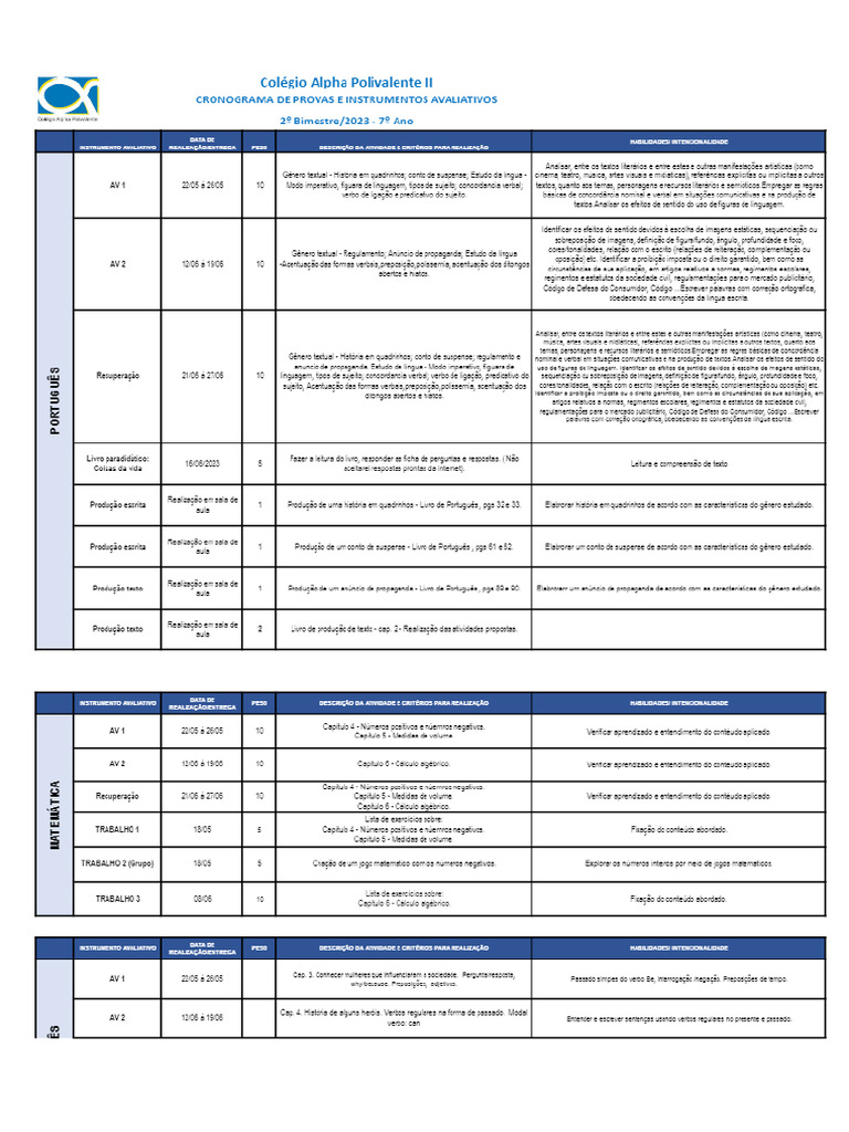 Instrumentos Avaliativos 7º Ano - 2º Bimestre - 2023 | PDF Instrumentos Avaliativos 7º Ano - 2º Bimestre - 2023 | PDF