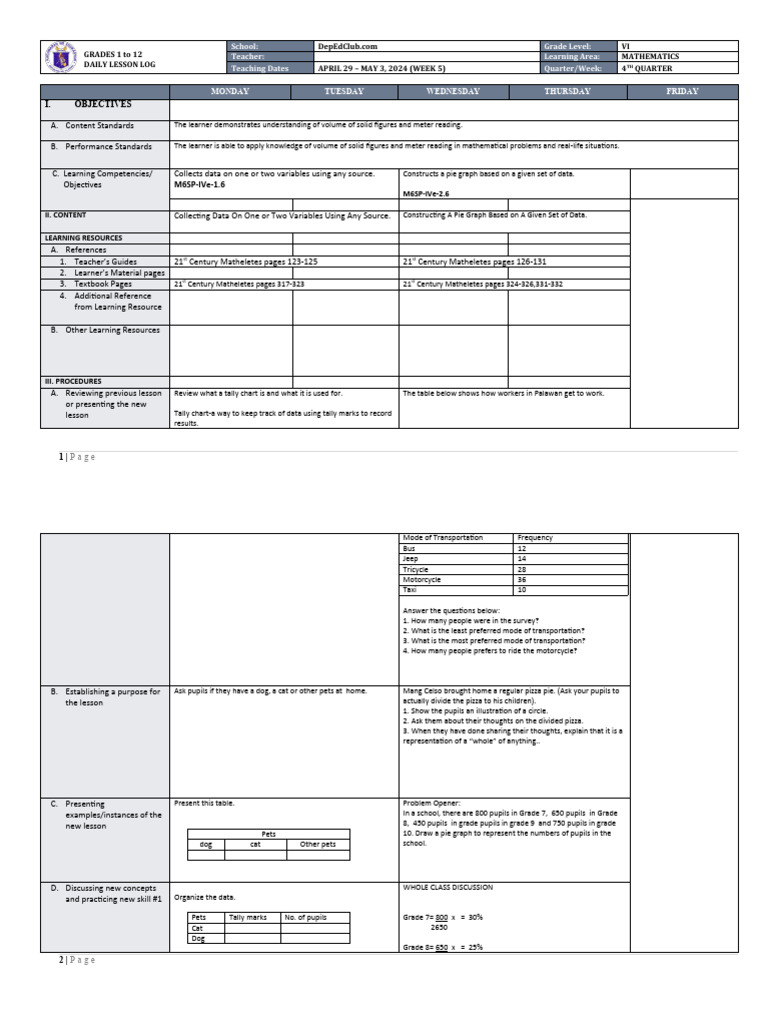 DLL_MATHEMATICS 6_Q4_W5 | PDF | Pet | Thought
