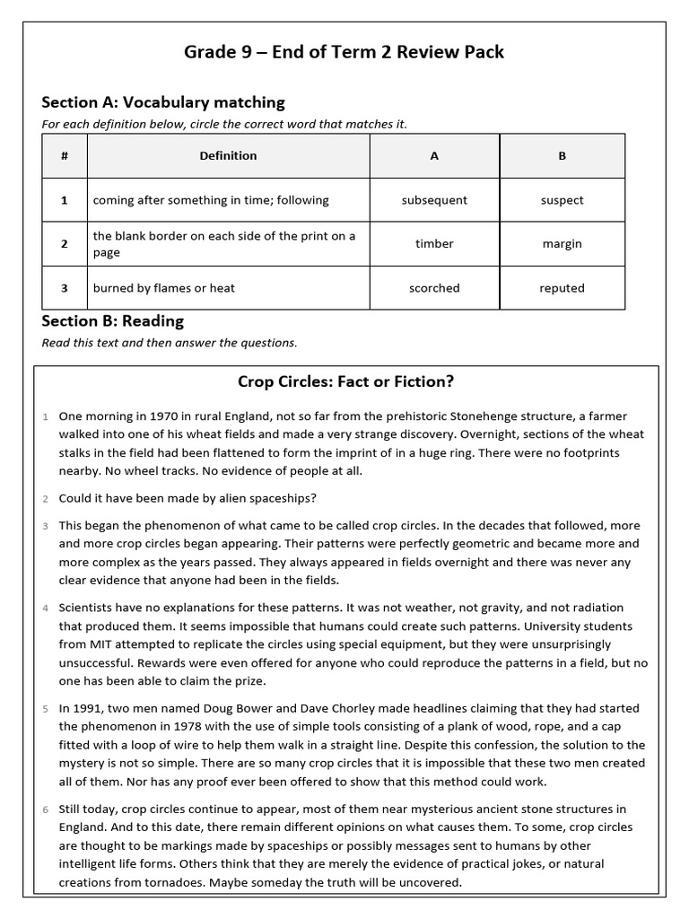 Grade 9 Term 2 Review: Vocabulary & Reading | PDF | Linguistics | Grammar