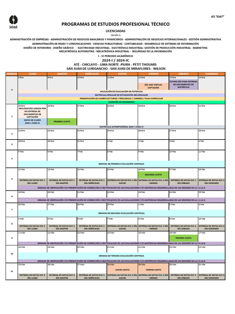 Calendario Académico IDAT 2024 | PDF