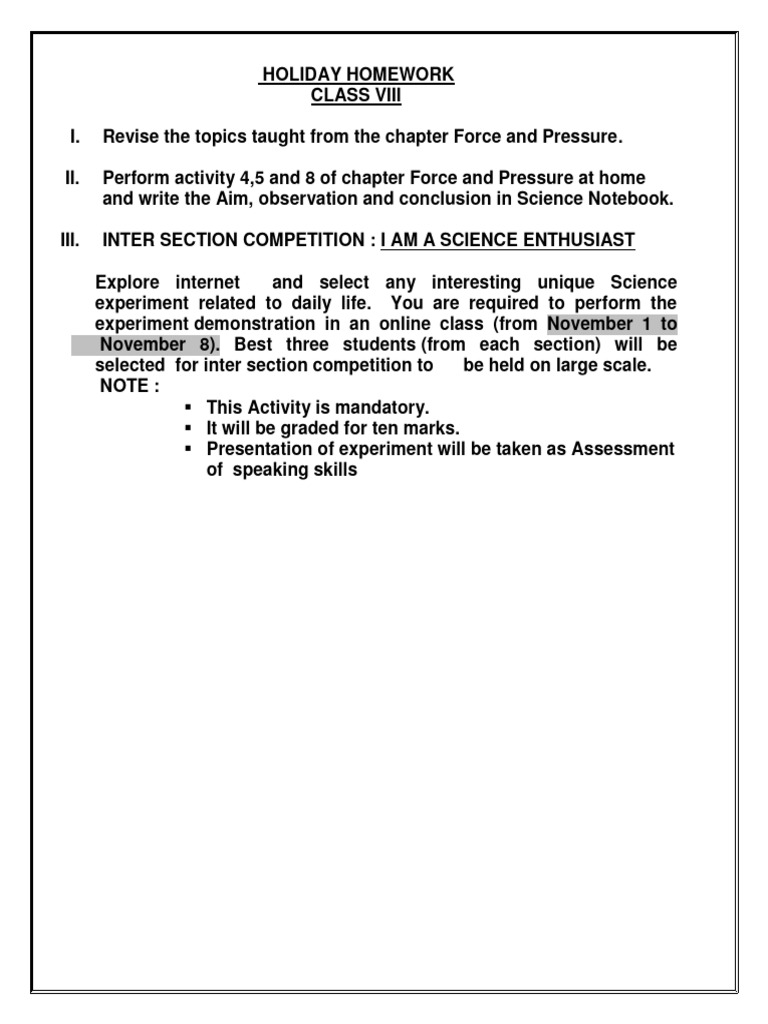 Class Viii Science Holiday Homework | PDF