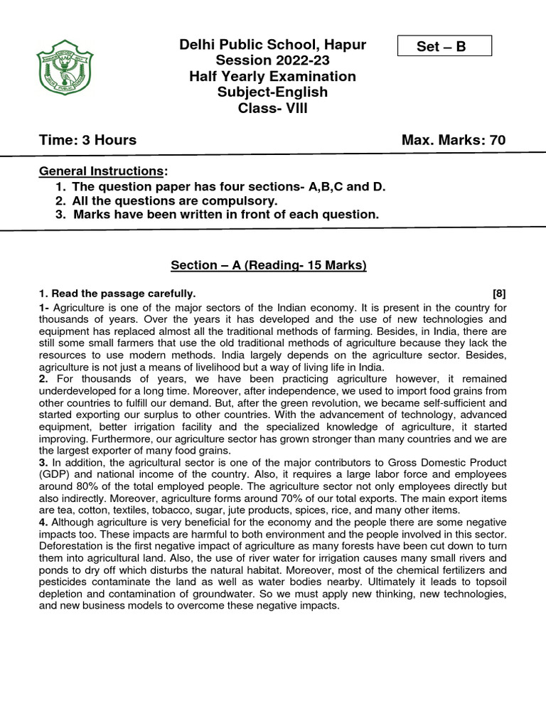 Term-1 Class 8 Set-B | Download Free PDF | Agriculture | Economy Of India