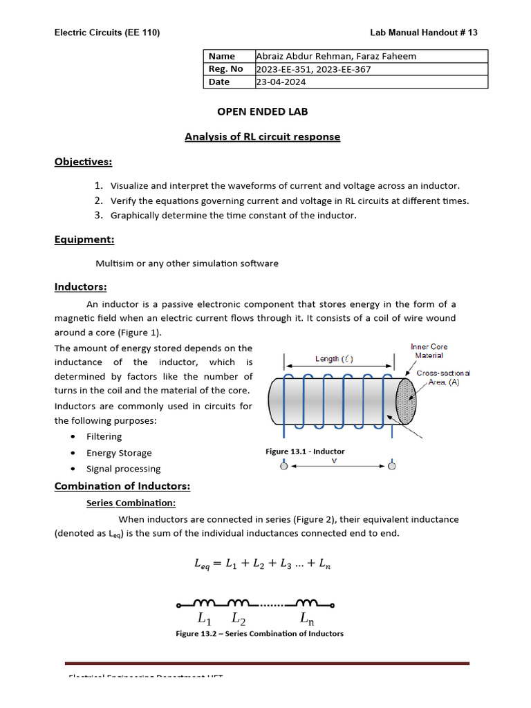 Open Ended Lab Analysis of RL Circuit Response Objectives:: Name Reg. No 2023-EE-351, 2023-EE ...