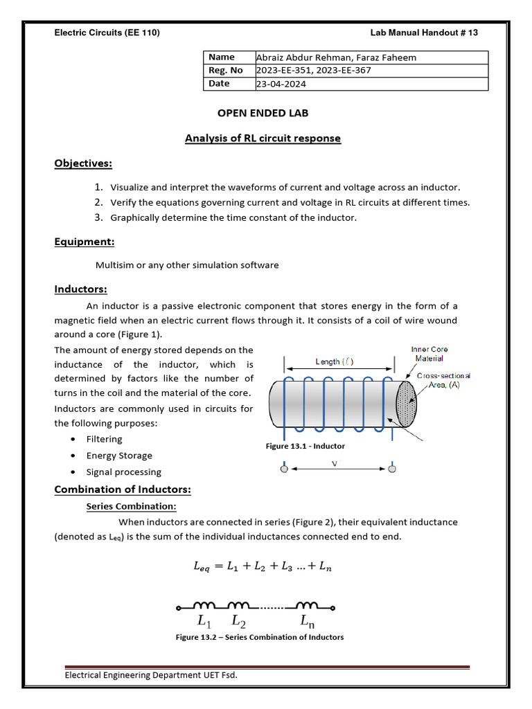 Open Ended Lab Analysis of RL Circuit Response Objectives:: Name Reg ...