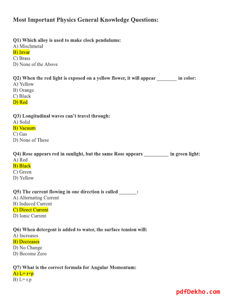 Most Important Physics GK Questions and Answers 26 Pdfdekho | PDF