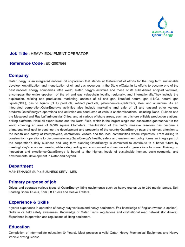Heavy Equipment Operator Job at QatarEnergy | PDF | Natural Gas | Economies