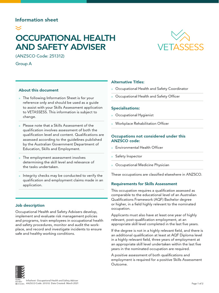 SRGO Infosheet - Occupational-Health-and-Safety-Adviser | PDF | Occupational Safety And Health ...