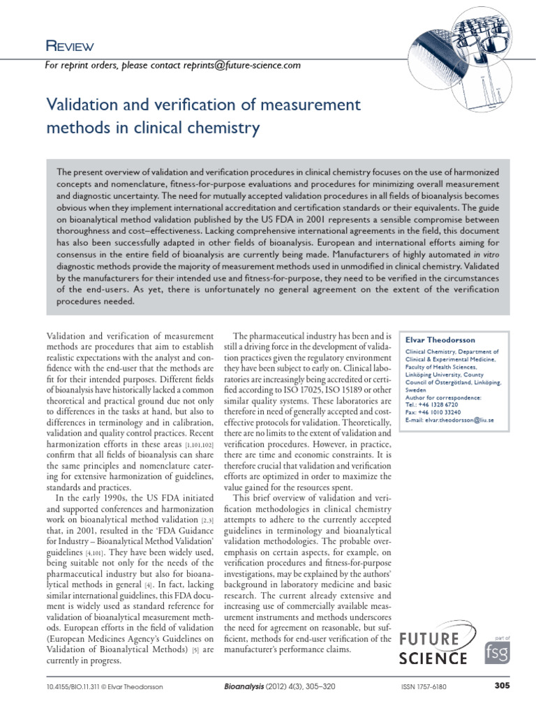 Theodorsson 2012 Validation And Verification Of Measurement Methods In Clinical Chemistry Pdf