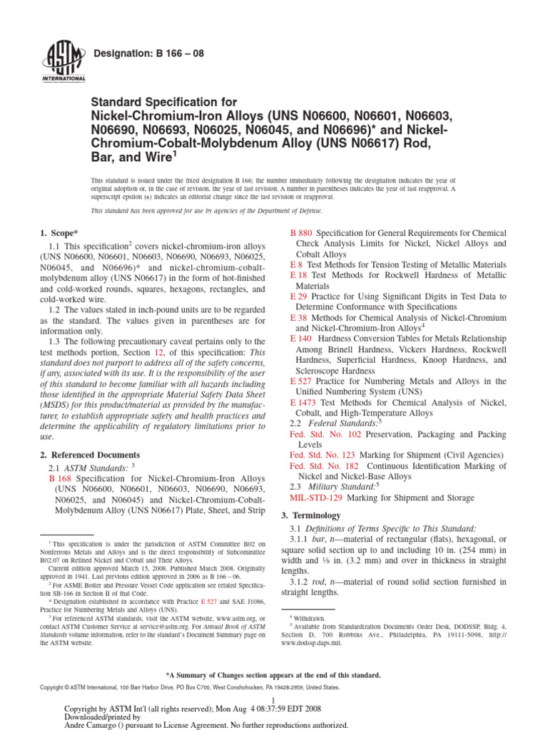 Astm B166 | PDF | Strength Of Materials | Wire