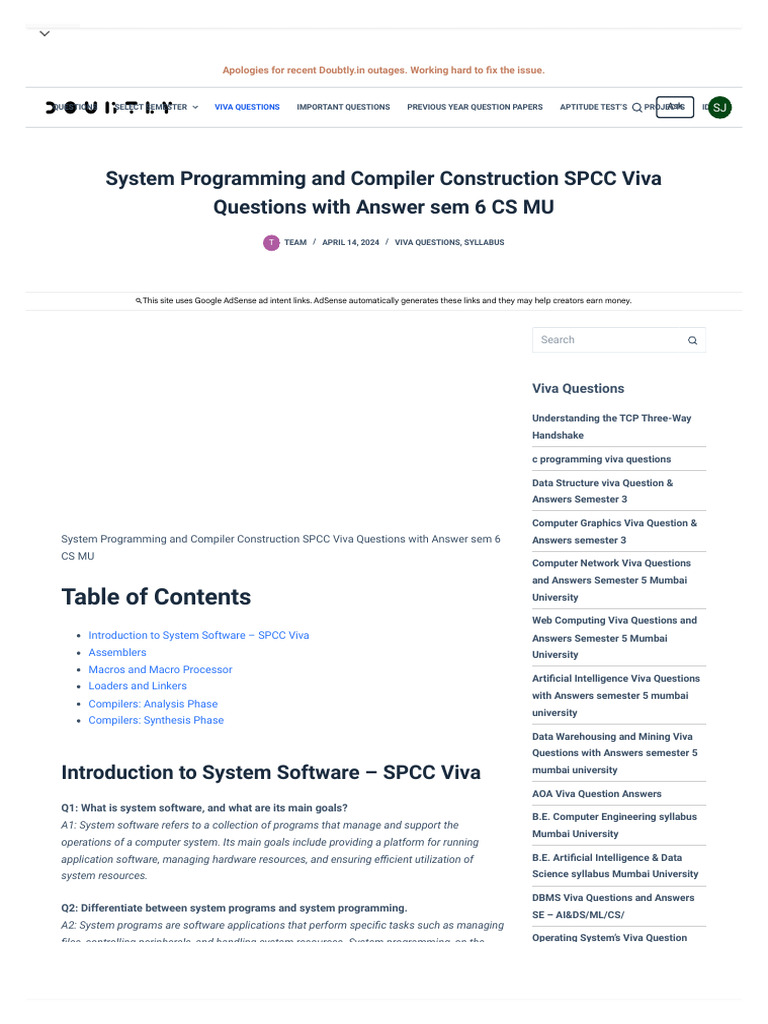 System Programming and Compiler Construction SPCC Viva Questions With ...
