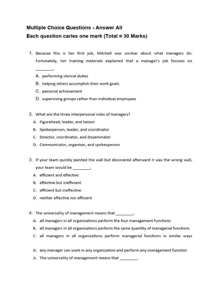 Multiple Choice Questions REVISION | PDF | Leadership | Goal