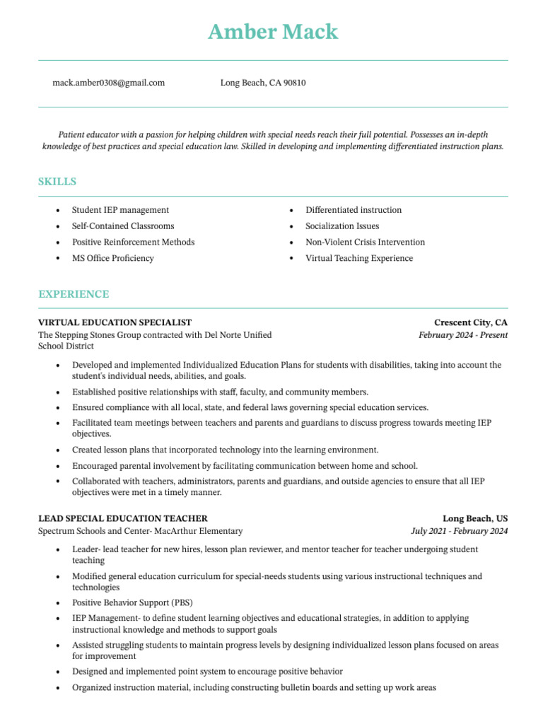 Amber Mack Resume24 | PDF | Individualized Education Program | Special ...