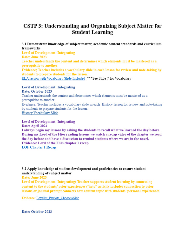 CSTP 3 Henderson Evidence Written April2024 | PDF | Teachers | English ...