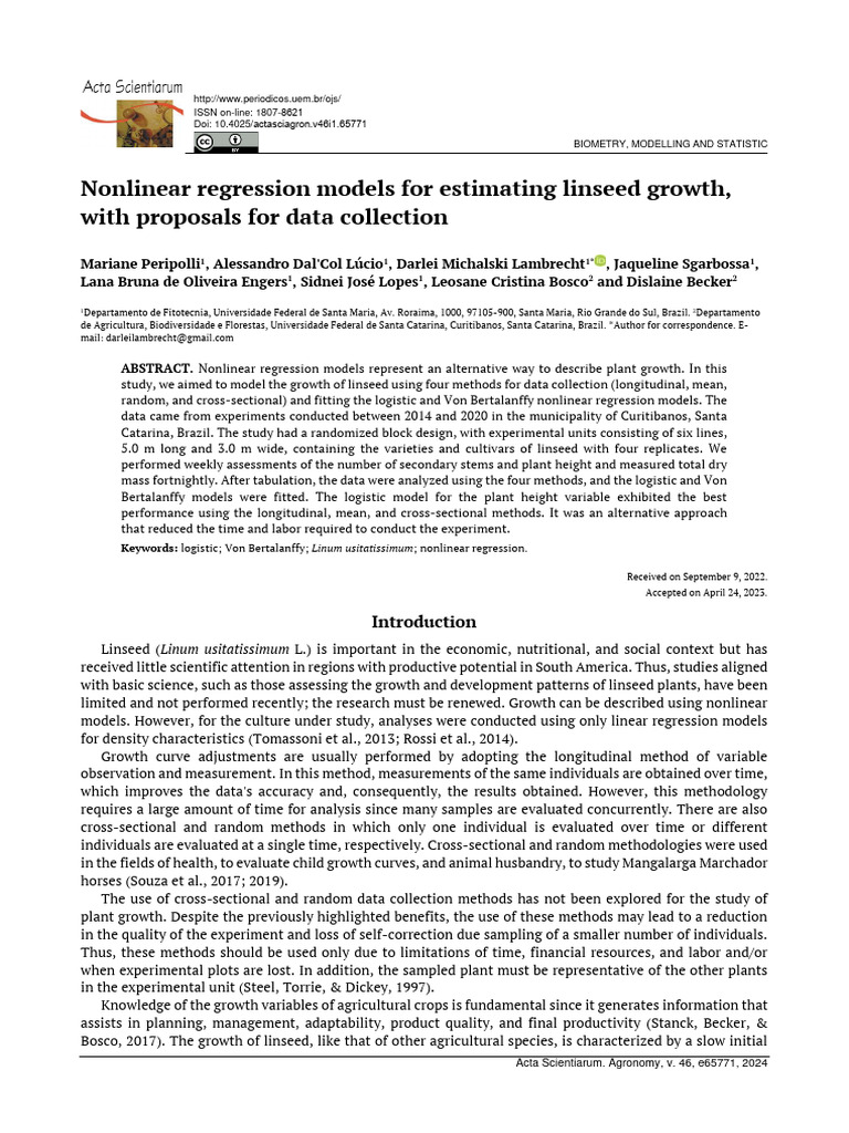 Nonlinear Regression Models For Estimating Linseed Growth, With Proposals For Data Collection ...