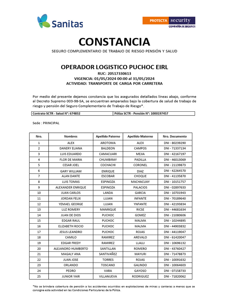 Constancia SCTR para Operador Logístico | PDF