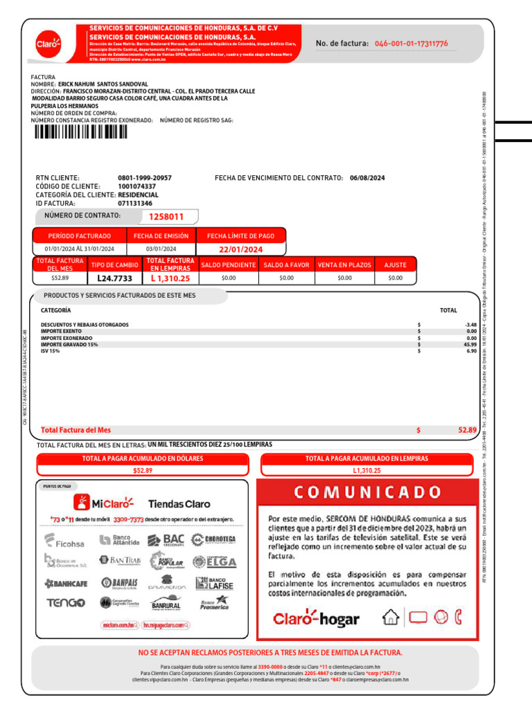 Factura de Servicios Claro Enero 2024 | PDF | Factura