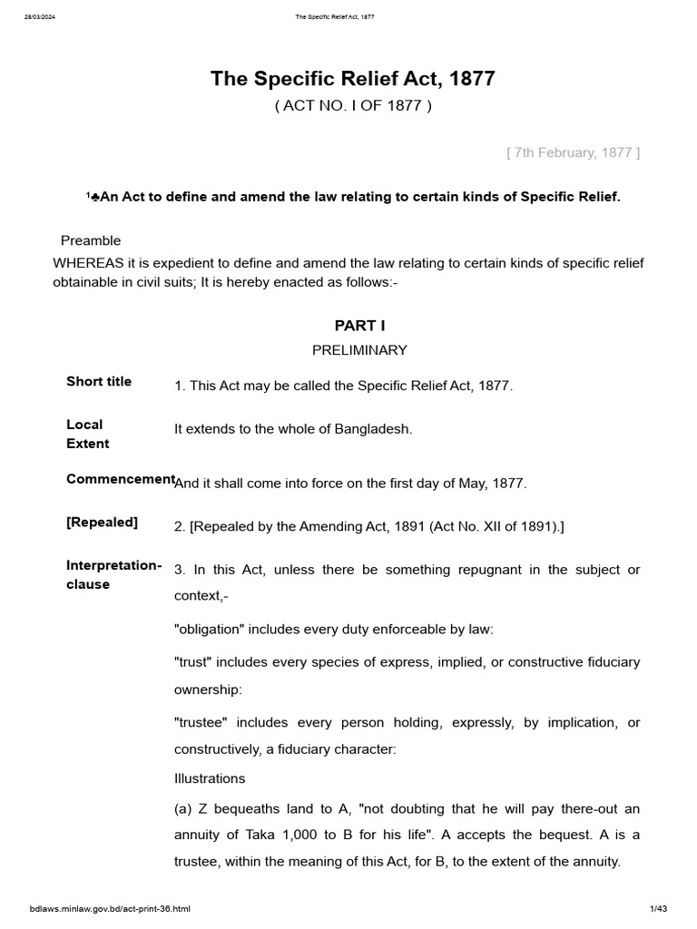 Specific Relief Act of 1877 Overview | PDF | Specific Performance | Lease
