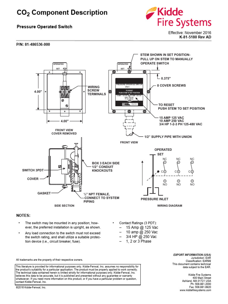 81-486536-000 Kidde HPCO2 Pressure Operated Switch K-81-5180 | PDF | Switch | Alternating Current