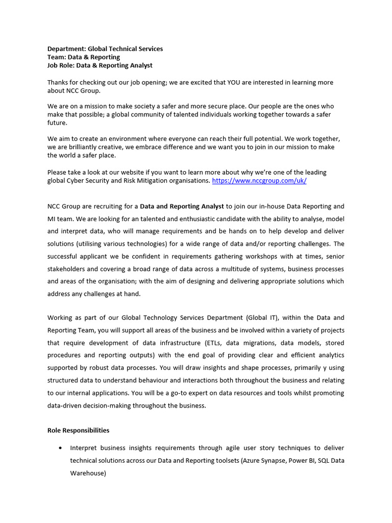 JD - Data & Reporting Analyst | PDF | Databases | Data Warehouse