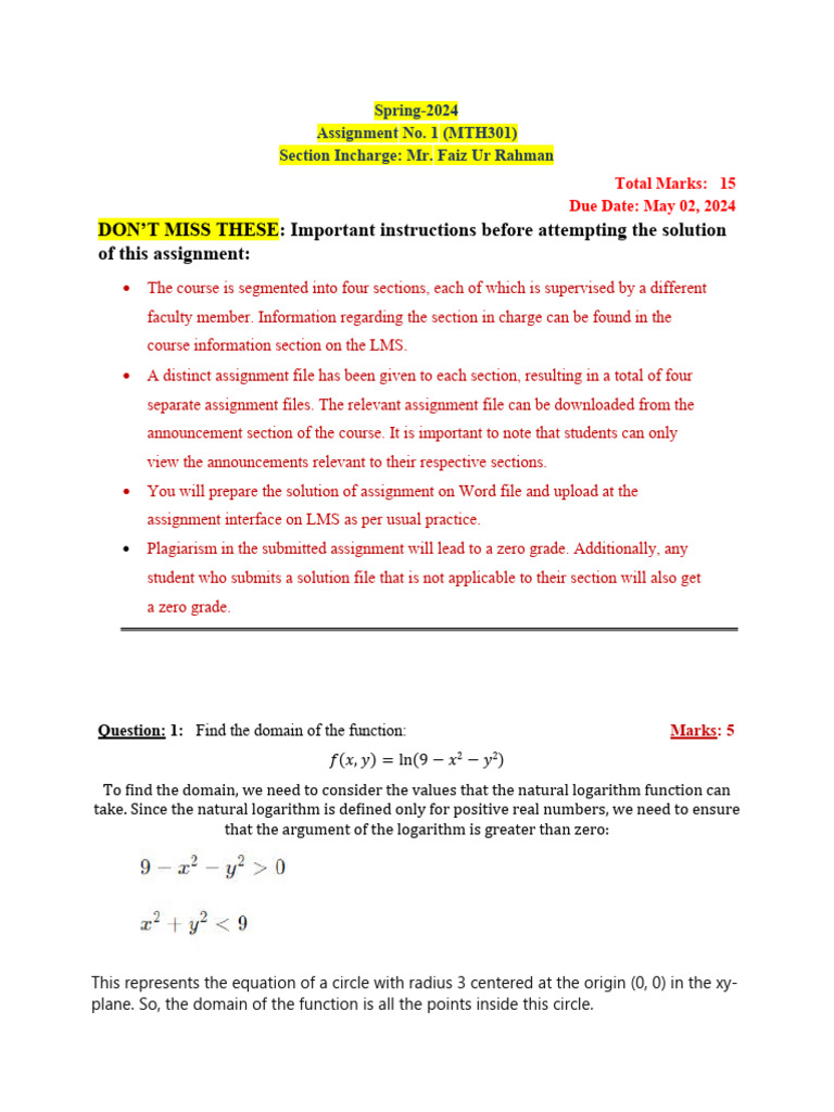 Assignment 1 (MTH301) - Faiz Ur Rahman | PDF | Teaching Methods & Materials