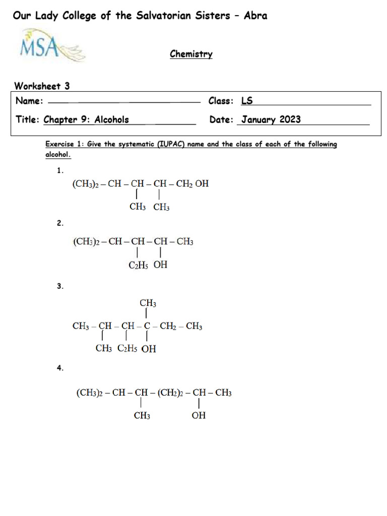 Worksheet Alcohols | PDF | Mole (Unit) | Chemical Reactions