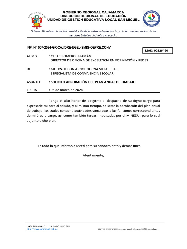 Inf. #007 Informe Plan Anual de Trabajo | PDF