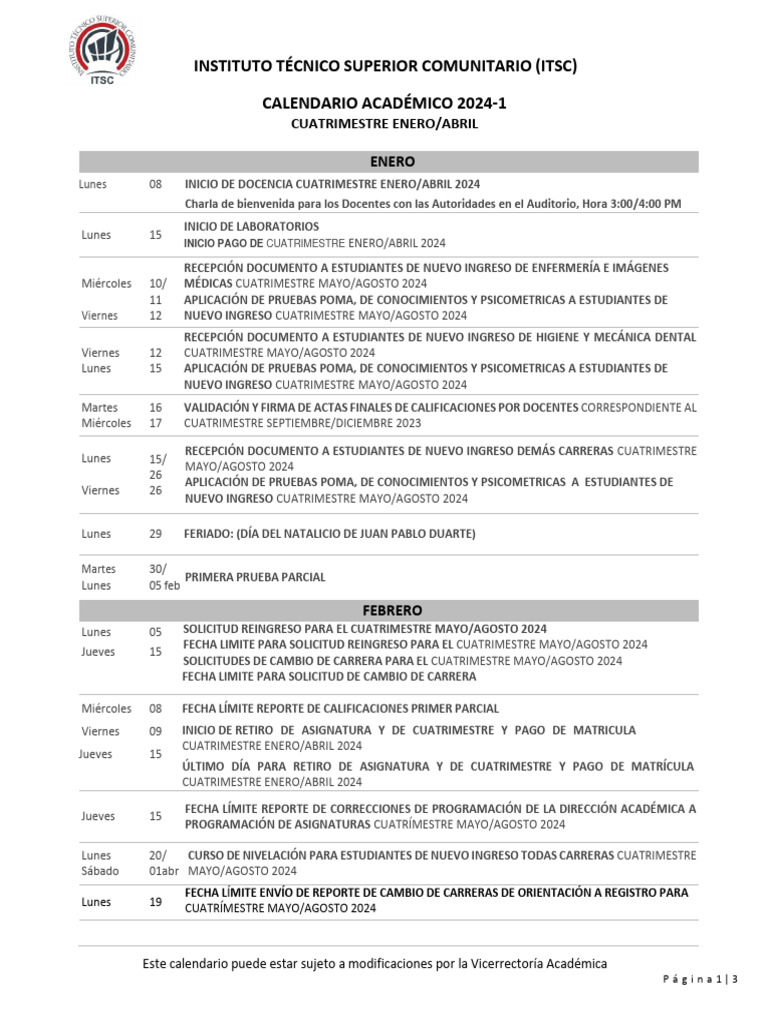 Calendario Académico ITSC 2024-1 | PDF