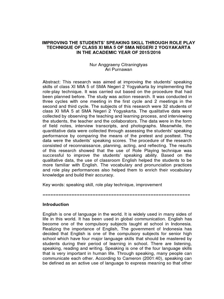 Improving The Students' Speaking Skill Through Role Play Technique | PDF | Learning | English ...