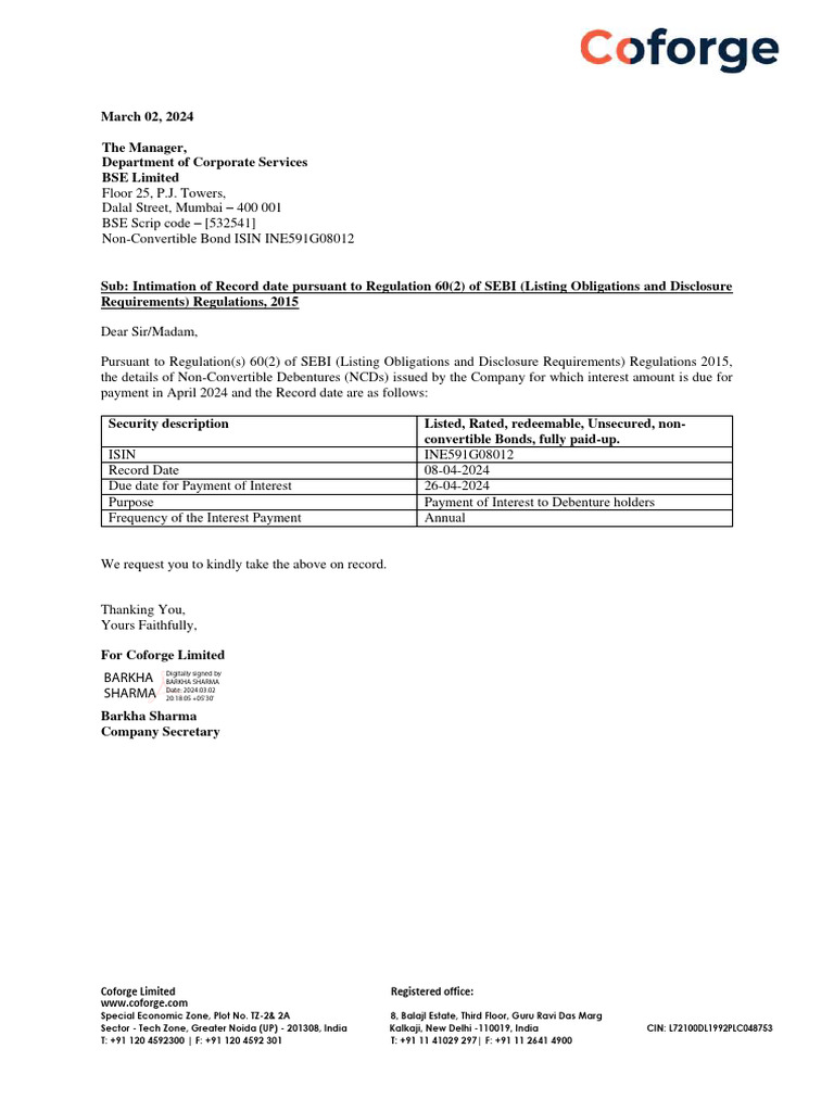 Coforge Limited Registered Office | PDF | Finance & Money Management