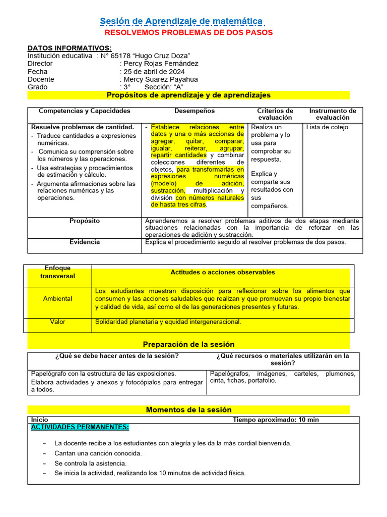 3° SESIÓN DÍA 4 MAT RESOLVEMOS PROBLEMAS DE DOS PASOS | PDF ...