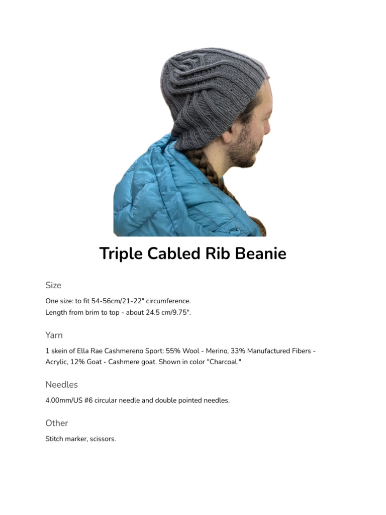 Triple Cabled Rib Beanie | PDF | Knitting | Knitting Needle