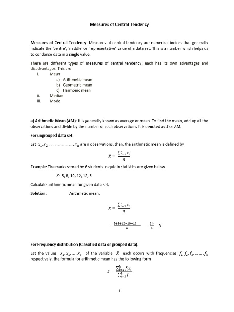 Measures of Central Tendency | PDF | Mean | Arithmetic Mean