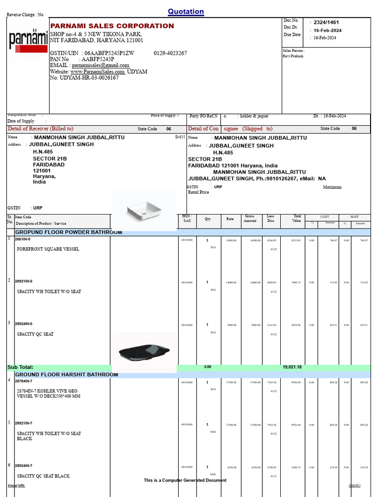 Quotation Pty MANMOHAN SINGH JUBBAL RITTU JUBBAL GUNEET SINGH No 1461 DT 16 Feb 2024-202F | PDF ...