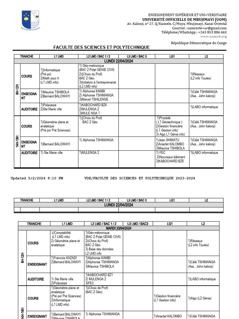 Horaires Cours UOM 2024 | PDF