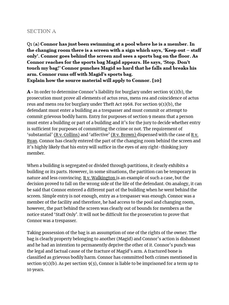 AS Law - Sample Answer | PDF | Theft | Burglary