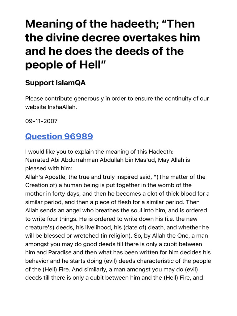 Understanding the Hadeeth on Divine Decree | PDF | Hell | God In Islam