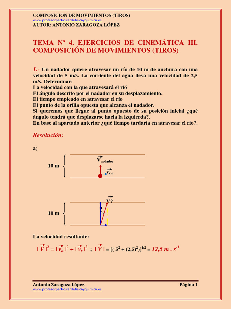 Tema4 Ejercicios Cinematica III Composicion de Movimientos Primero Bachillerato | PDF | Velocidad