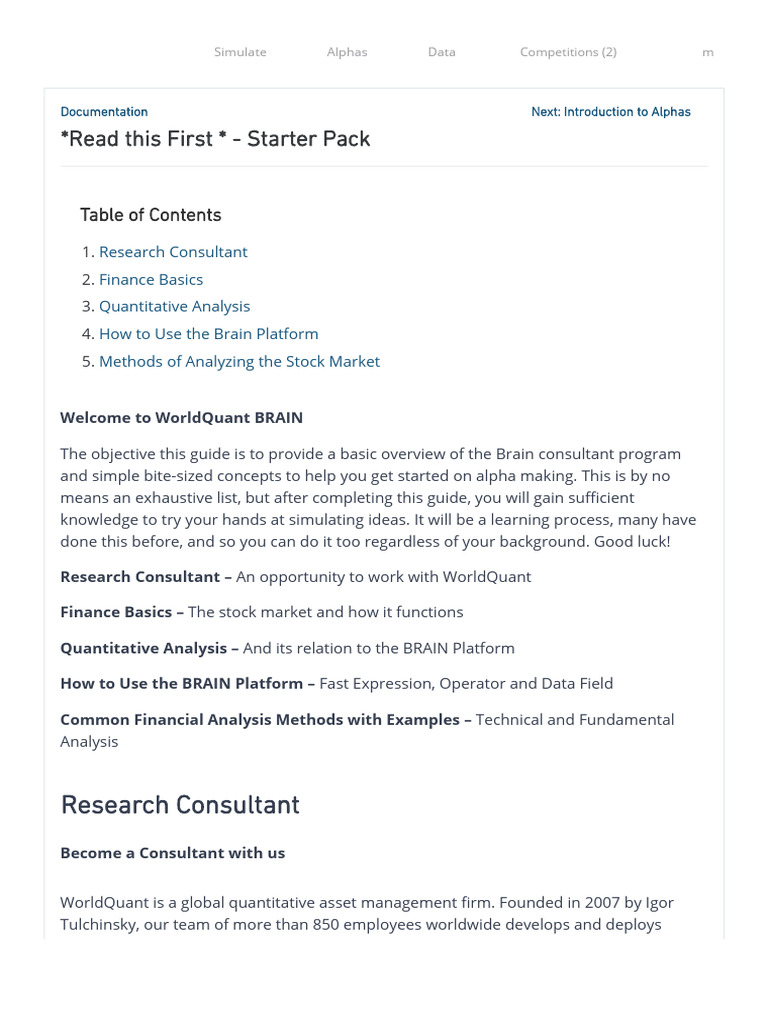 World Quant Brain Alpha Documentation | PDF | Stocks | Technical Analysis