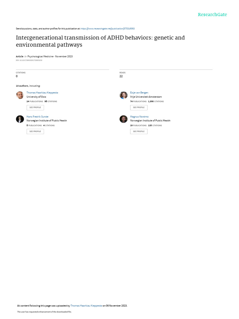 Kleppestoetal2023.intergenerational Transmission of Adhd Behaviors Genetic and Environmental ...